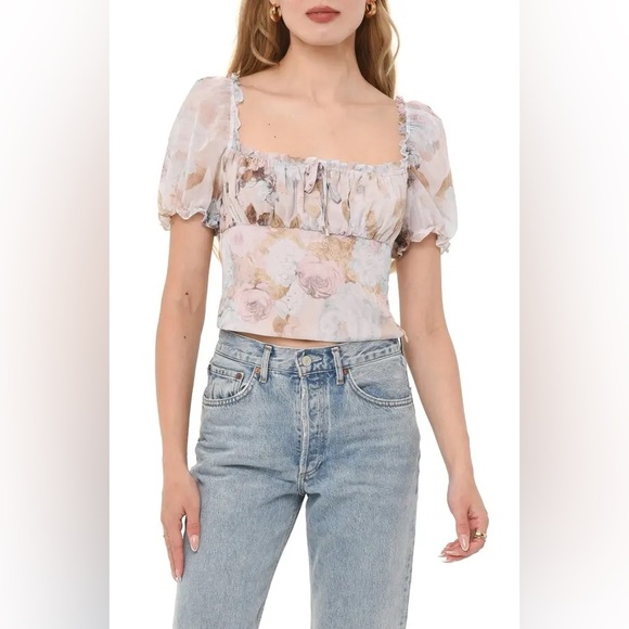 Wayf | Tops | Wayf Floral Ruched Puff Sleeve Blouse | Poshmark